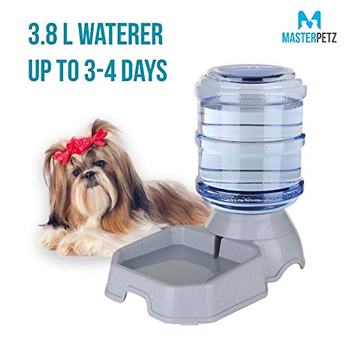 Automatic Dog Water Bowl with Wide Bowl for Dogs Cats Small Pets Under 30 lbs, 1 Gallon 3.8 Liter Capacity Replendish Gravity Waterer with Safety Twist Lock Opening, Dog Food Recipe eBook Included