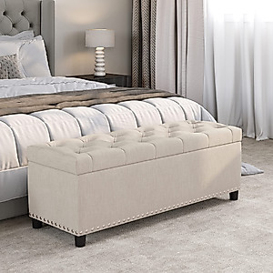 BELLEZE 47 Inch Storage Ottoman, Button-Tufted Ottoman Linen Storage Bench with Safety Close Hinge, Ottoman with Storage for Living Room, Entryway, Hallway, Foot Rest, Support 300lbs - Beige