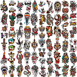 Yazhiji 77sheets Waterproof Temporary Tattoo for Men or Women 17sheets Larger Half Arm Wolf Peony Butterfly Snake Fake Tattoos for Boy or Girl And 60 sheets Tiny Flower Tattoo Sticker for Kids