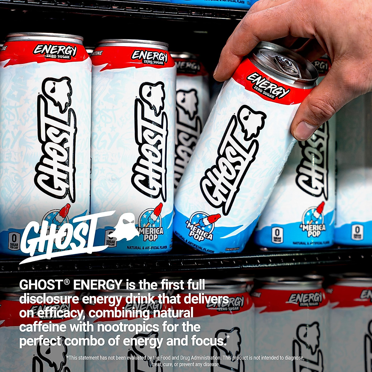 GHOST Energy Drink - 12-Pack, 'Merica Pop, 16oz Cans - Energy & Focus & No Artificial Colors - 200mg of Natural Caffeine, L-Carnitine & Taurine - Gluten-Free & Vegan