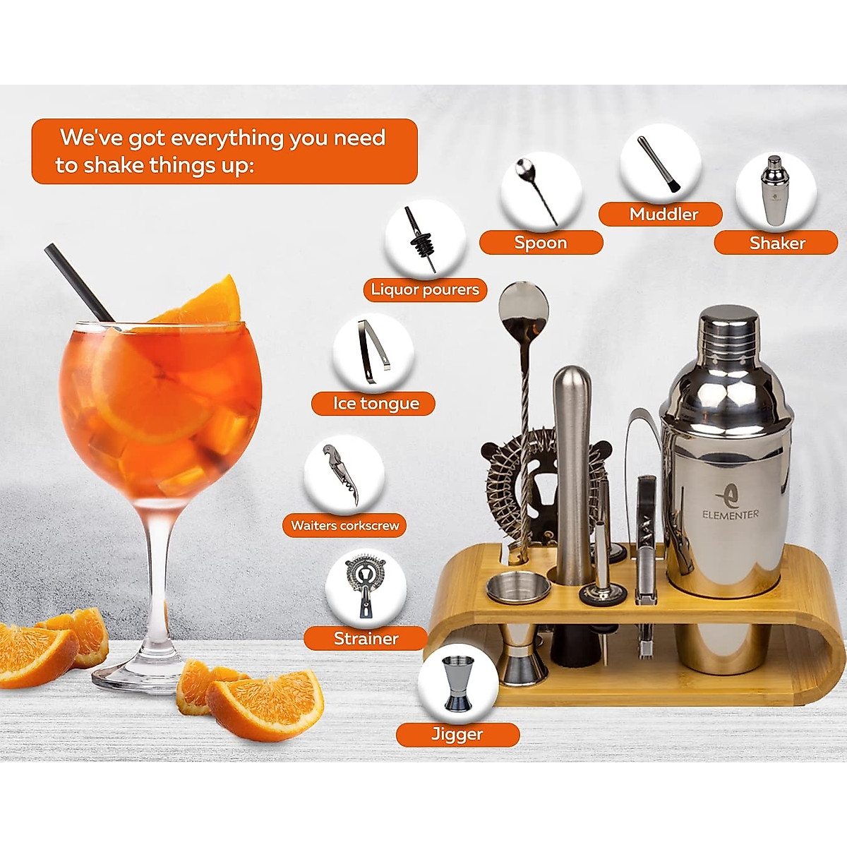 ELEMENTER Cocktail Shaker Set - Mixologist Bartender kit 10-Piece, Crafted from Stainless Steel, All The Accessories You Need to Mix The Perfect Drink or Martini, Cocktail kit Perfect for Gifts.