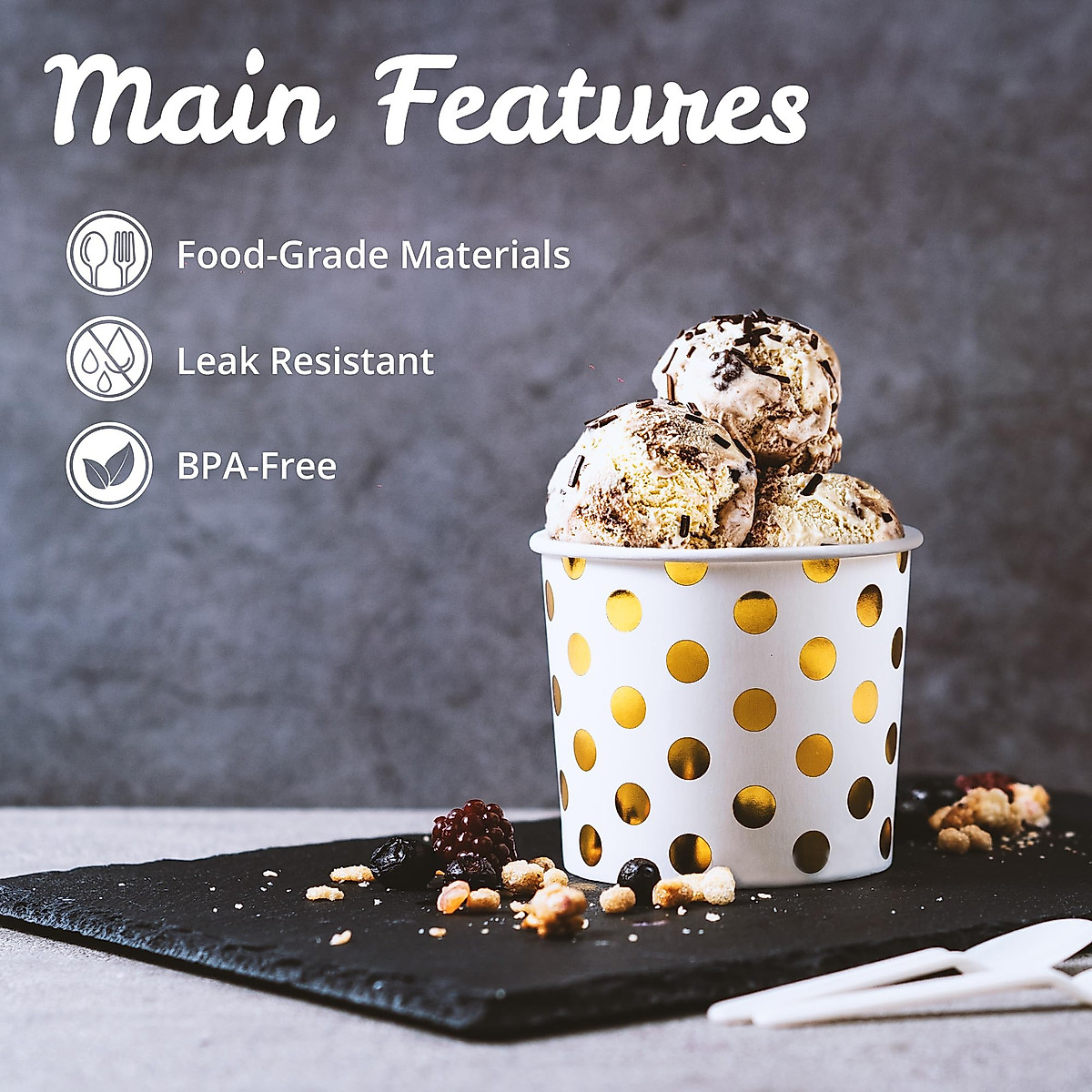 MATICAN Paper Ice Cream Cups - 50-Count 11-Oz Disposable Dessert Bowls for Hot or Cold Food, 11-Ounce Party Supplies Treat Cups for Sundae, Frozen Yogurt, Soup, Gold Foil Polka Dots