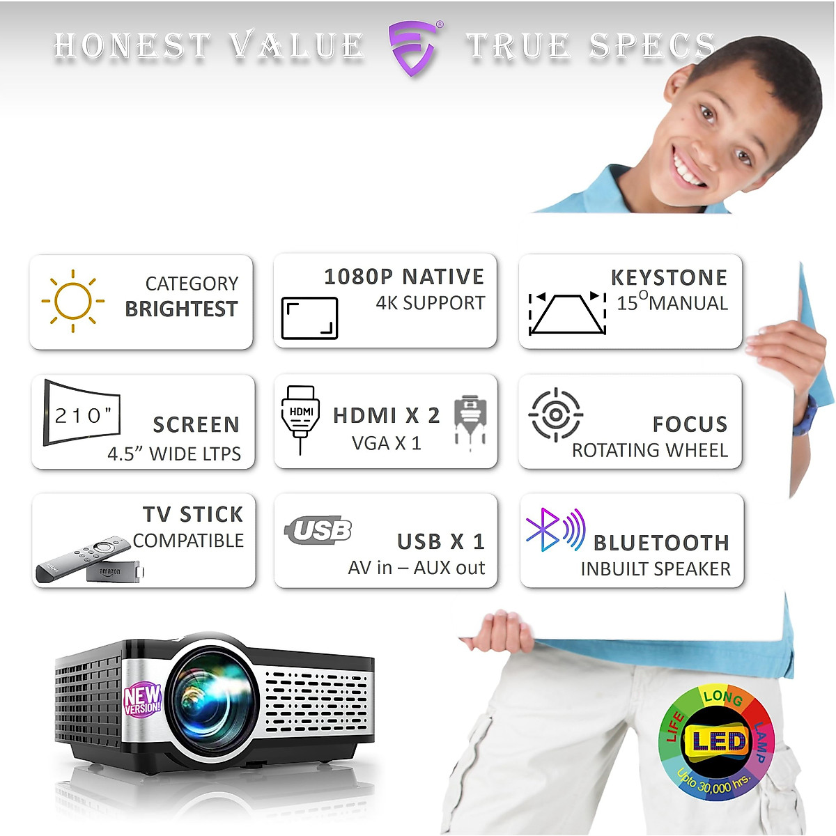 Egate Bluetooth Projector, Full HD 1080p Native with 4k TV stick support, 300 ANSI, 210" Max Screen Size | Inbuilt Speaker | AV, VGA, HDMI, SD Card, USB, Audio Out | (i9 Pro-Max, Black)