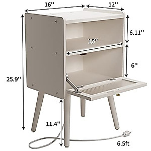 SOOWERY Mid Century Modern Nightstand with Charging Station, Bedside Tables with Glass Decorative Door, End Table Side Table with 2 Tiers Storage Space, for Bedroom, Living Room, White