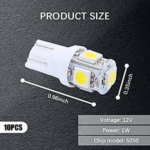 Crynod 10 PCS T10 Car LED Reading Light, 5050 5SMD 12V 6500K 360° Illuminated License Plate Light, Universal 1 W Low Power Energy-saving Width Indicator Light Bulb, for Most Car Models (White)