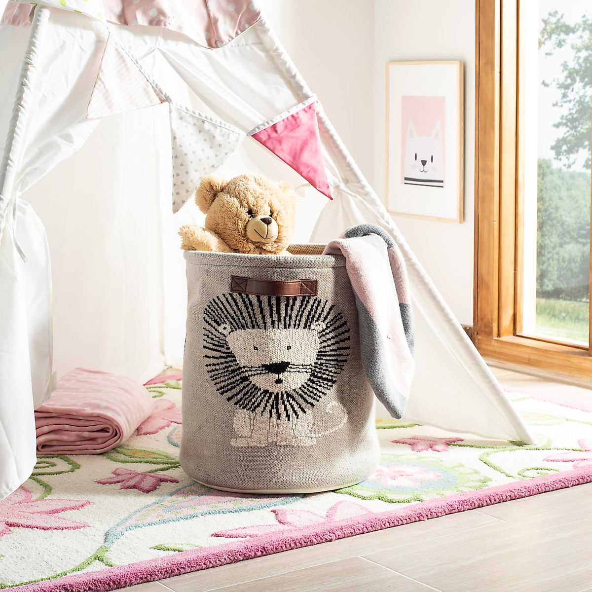 Safavieh Baby Collection Dandy Lion Grey and Black Cotton Handles Storage Basket