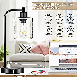 Industrial Touch Control Table Lamps Set of 2 - Black Bedside Lamps with 2 USB Ports and AC Outlet, 3-Way Dimmable Nightstand Desk Lamp for Bedroom Living Room, Glass Shade & 2 LED Bulbs Included