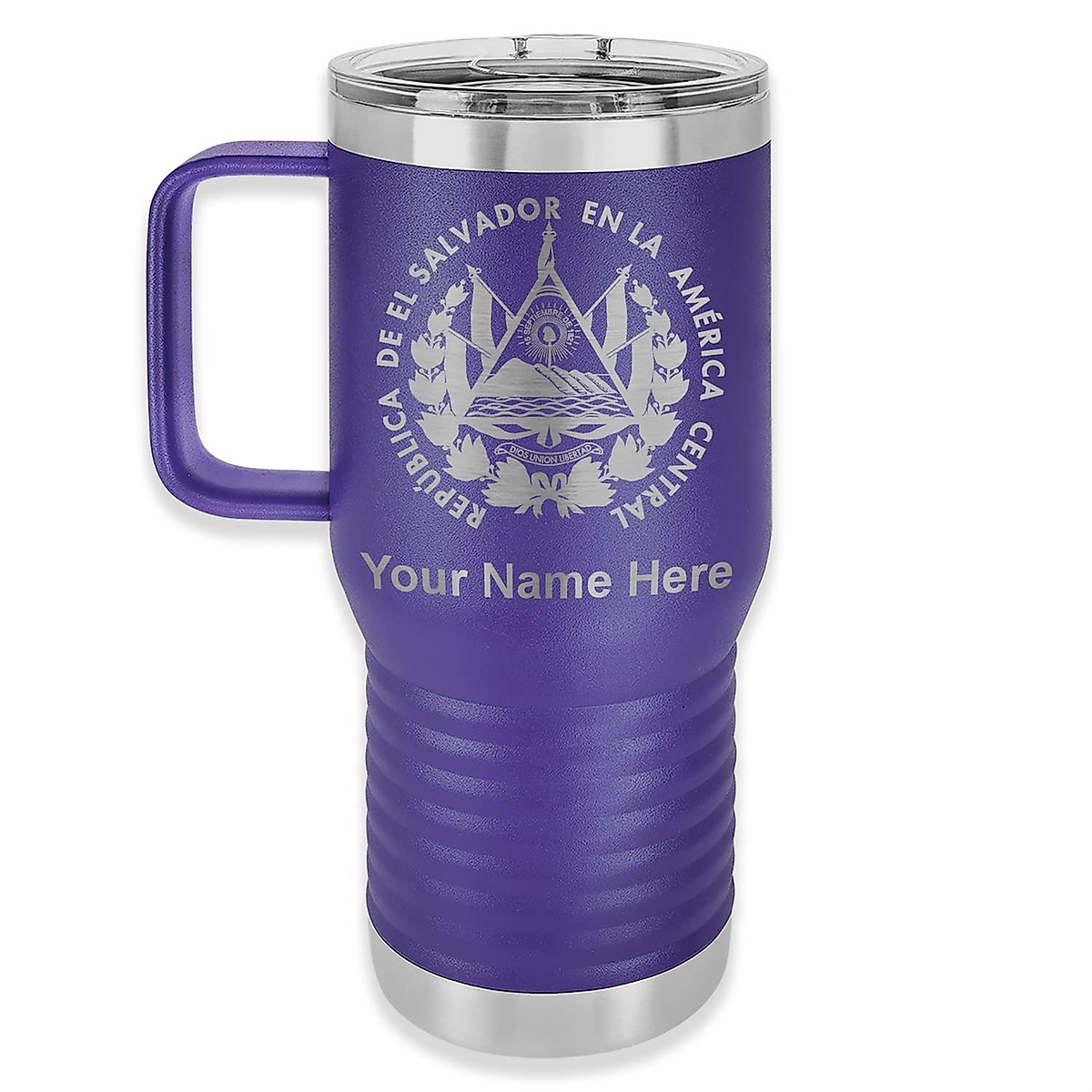 LaserGram 20oz Vacuum Insulated Travel Mug with Handle, Flag of El Salvador, Personalized Engraving Included (Dark Purple)