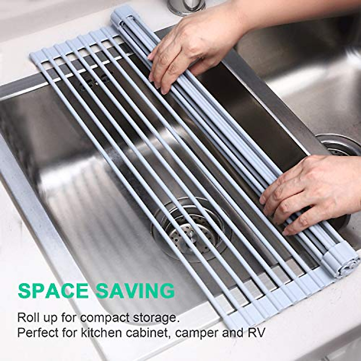 TBMax Roll Up Dish Drying Rack, Food-Grade Silicone-Coated Stainless Steel Over The Sink Rack, Heavy Duty Roll Up Sink Drying Rack
