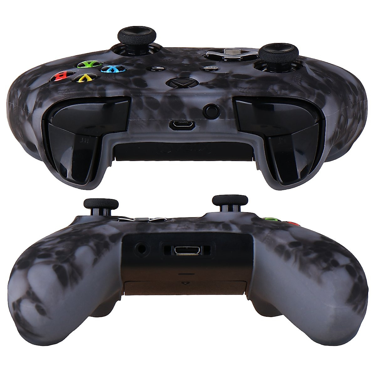 YoRHa Water Transfer Printing Skull Silicone Cover Skin Case for Microsoft Xbox One X & Xbox One S Controller x 1(Grey) with PRO Thumb Grips x 8