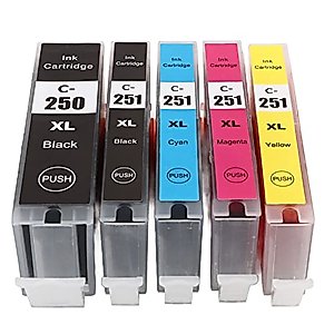 FTVOGUE 250‑251 Multi Colors Ink Cartridge Replacement Printer Inkjet Cartridges for PIXMA (BK BK C M Y 5 Colors)