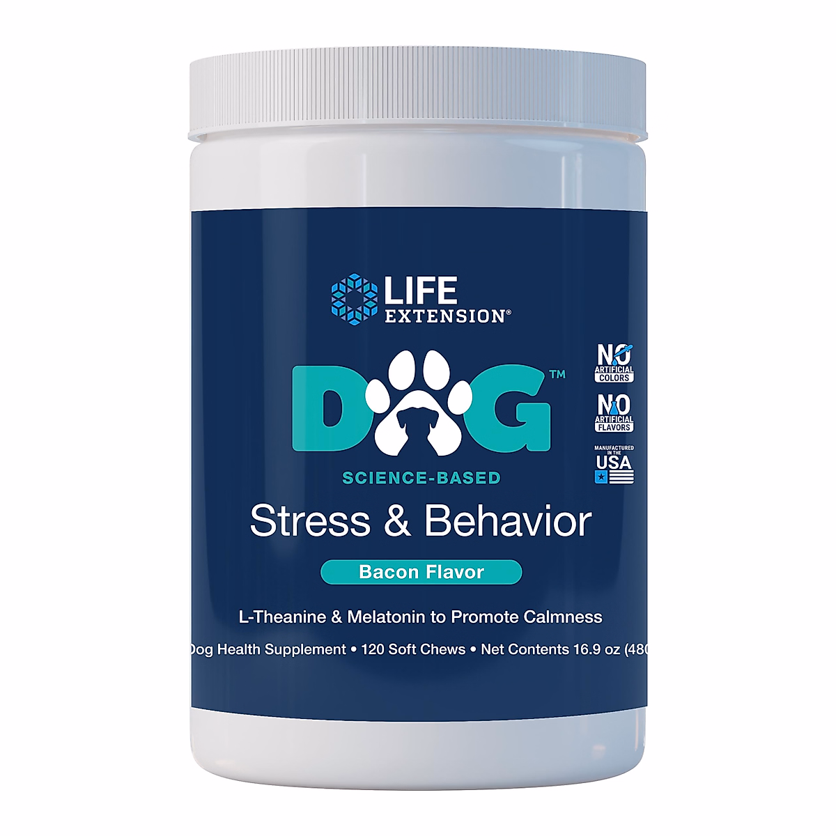 Life Extension Dog Stress & Behavior Soft Chews - Calming Dog Health Supplement - Promotes Relaxation, Calm Behavior and Stress Relief - Melatonin and L-theanine -120 Soft Chews, Bacon Flavor