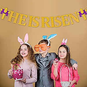 MALLMALL6 HE IS RISEN Banner Easter Party Decorations Religious Holiday Supplies Pre-Strung Glittery Sign Cross Patterns Ready to Hang Wall Art Jesus Faith Photo Props for Outdoor Church Fireplace