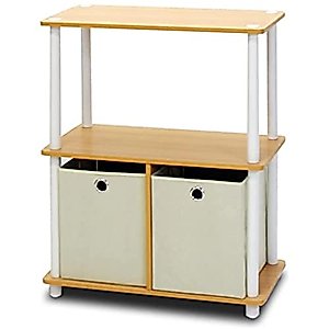 Furinno 99152BE/WH/IV 3-Tier Go Green Multipurpose Storage Rack Shelving Unit Bookshelf Cabinet with 2 Bins, Beech Finish