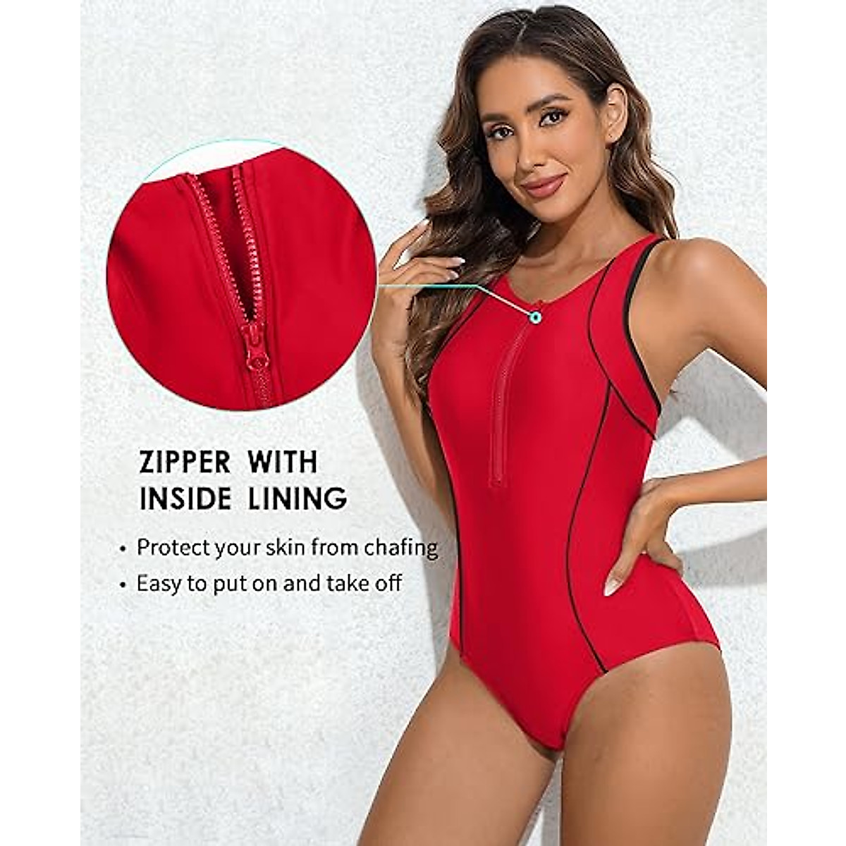 beautyin Zipper Athletic Bathing Suit for Women Racerback Lap Swimsuit Sporty Swimwear Red