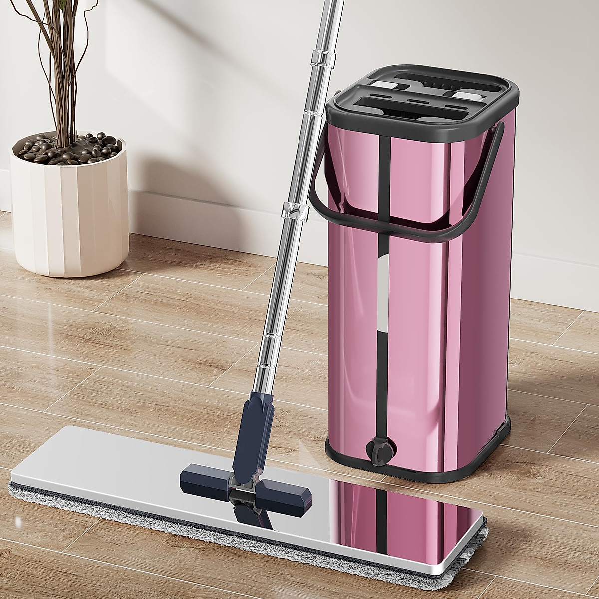 SWIFTIRON Flat Mop and Bucket for Home with Extra Refills, Stainless Steel Mop and Bucket with Wringer, Hands-Free Mop, Wet and Dry Use Mop with Long Handle (Purple)