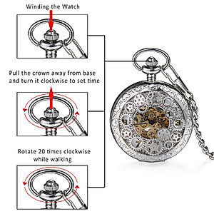 Avaner Steampunk Retro Half Hunter Copper Gear Skeleton Hand Wind Mechanical Roman/Arabic Numeral Analog Display Pocket Watch with 14" Chain (Silver)
