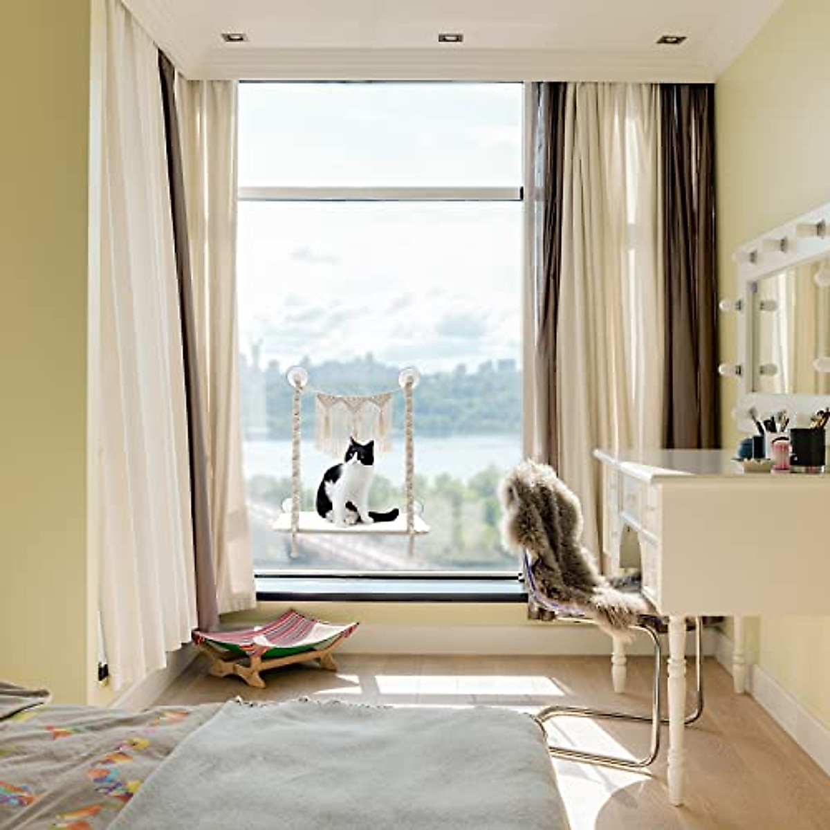 Dahey Cat Window Perch Macrame Cat Hammock Boho Wall Mounted Pet Resting Seat Bed for Indoor Cats Space Saving kitty Sunny Swing Shelf on Window Safety Holds up to 45 lbs with Screw Suction Cups, Gift