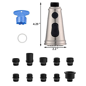 Pull Down Kitchen Faucet Head Replacement, 3-Function Kitchen Sink Faucet Head Sprayer Head Nozzle with 10 Adapters, Compatible with Moen, American Standard, Delta, Kohler Faucets-Brushed Nickel