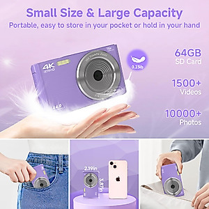Digital Camera for Teens, FHD 4K 44MP Digital Camera Purple with 64GB SD Card 16X Digital Zoom, Cameras for Photography Compact Point and Shoot Camera for Teen Boys Girls Kids Camera Digital