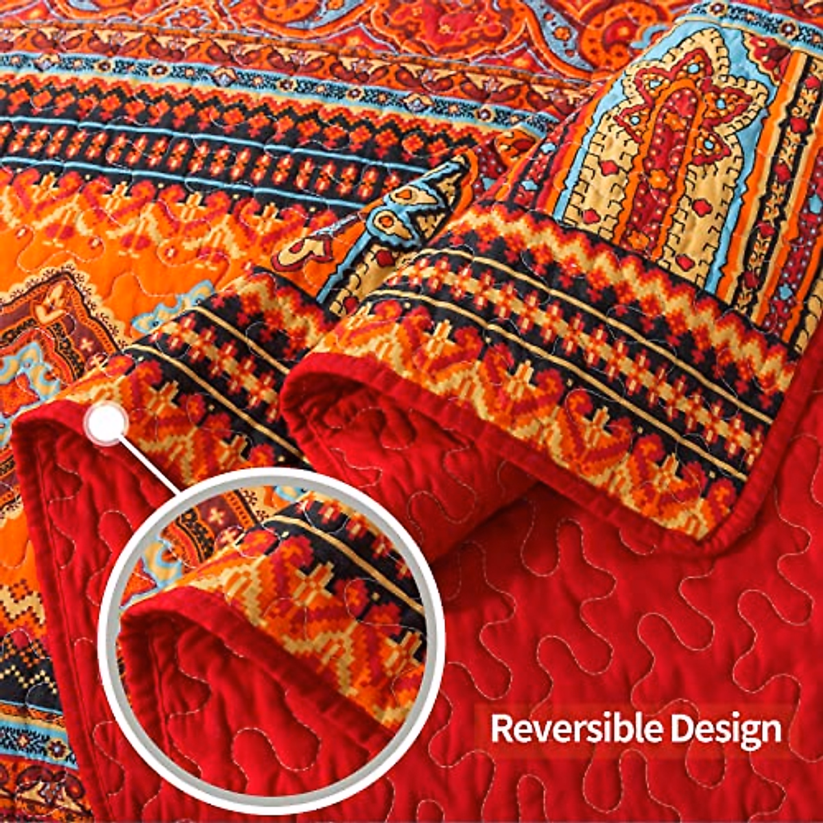 VAPUTAR Cotton Quilt Queen Size Bedding Set - 3 Pieces Queen Quilt Bedding Set, Boho Queen Size Quilts, Lightweight Reversible Coverlets Bedspreads for Farmhouse Bedroom (Red/Orange)