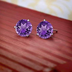 Gem Stone King 18K White Gold Purple Amethyst 3-Prong Martini Stud Earrings For Women (2.00 Cttw, Gemstone Birthstone, Round 6MM)