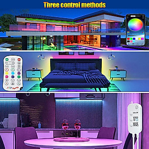 50Ft LED Strip Lights Music Sync Color Changing RGB LED Strip with Remote, Sensitive Built-in Mic, App Controlled LED Lights Tape Lights, 5050 RGB LED Light Strip (APP+Remote+Mic+3 Button Switch)