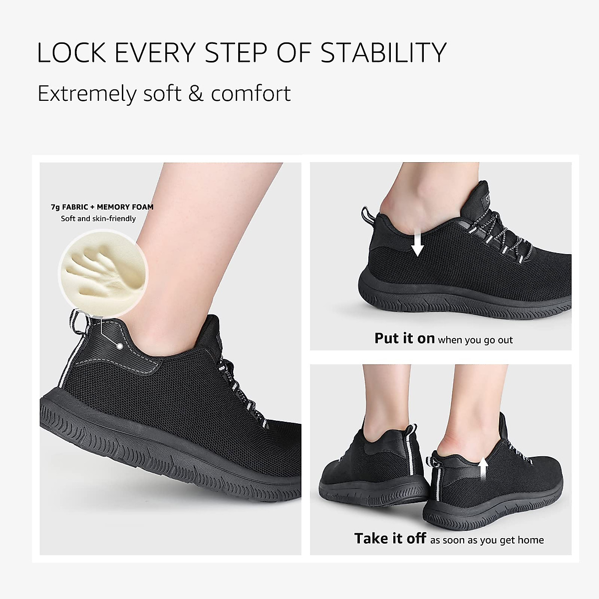 STQ Womens Walking Shoes Slip on Sneakers Non Slip Work Shoes Arch Support Comfortable Breathable All Black Size 8.5