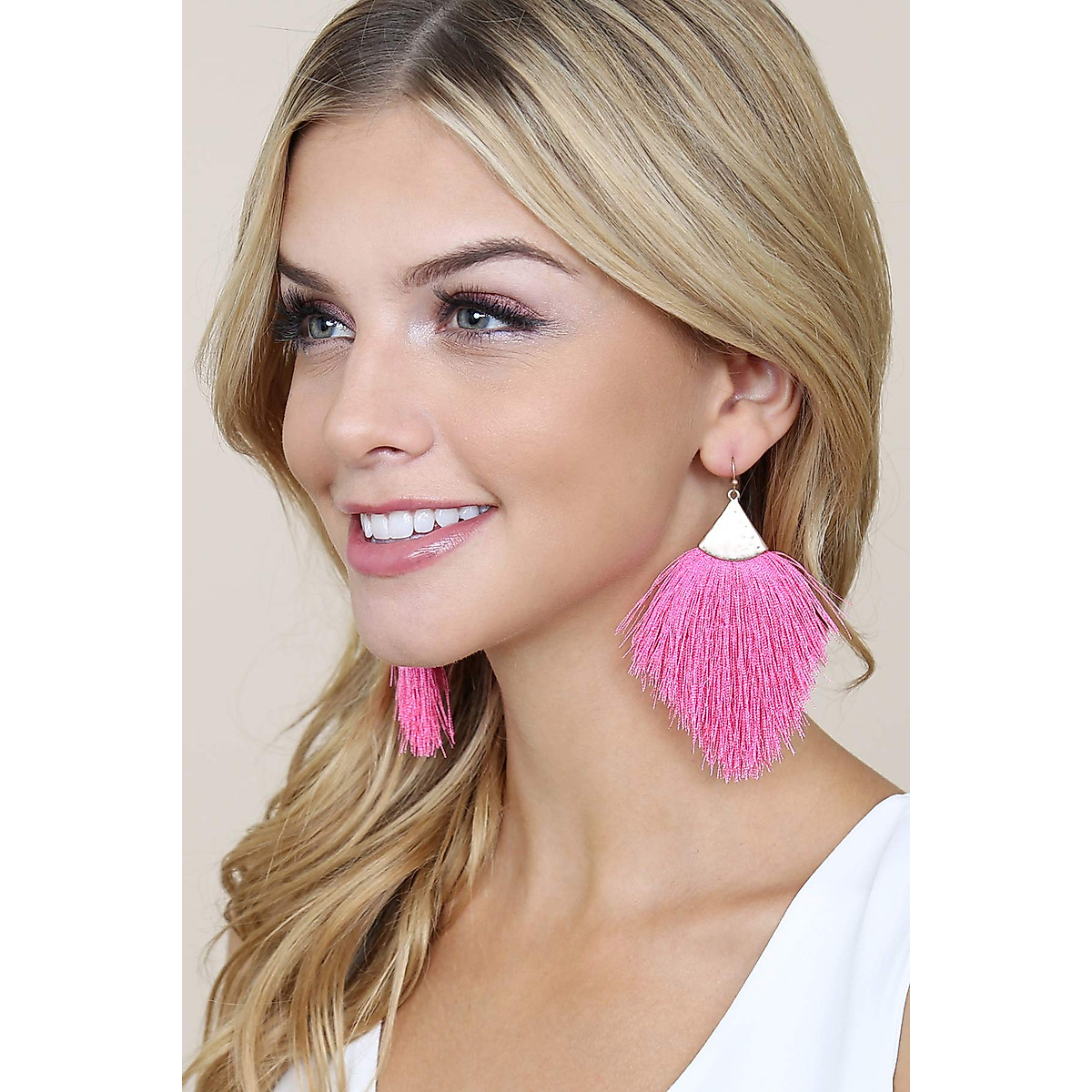 Bohemian Silky Thread Fan Fringe Tassel Statement Earrings - Lightweight Strand Feather Shape Dangles (Feather Fringe - Hot Pink)