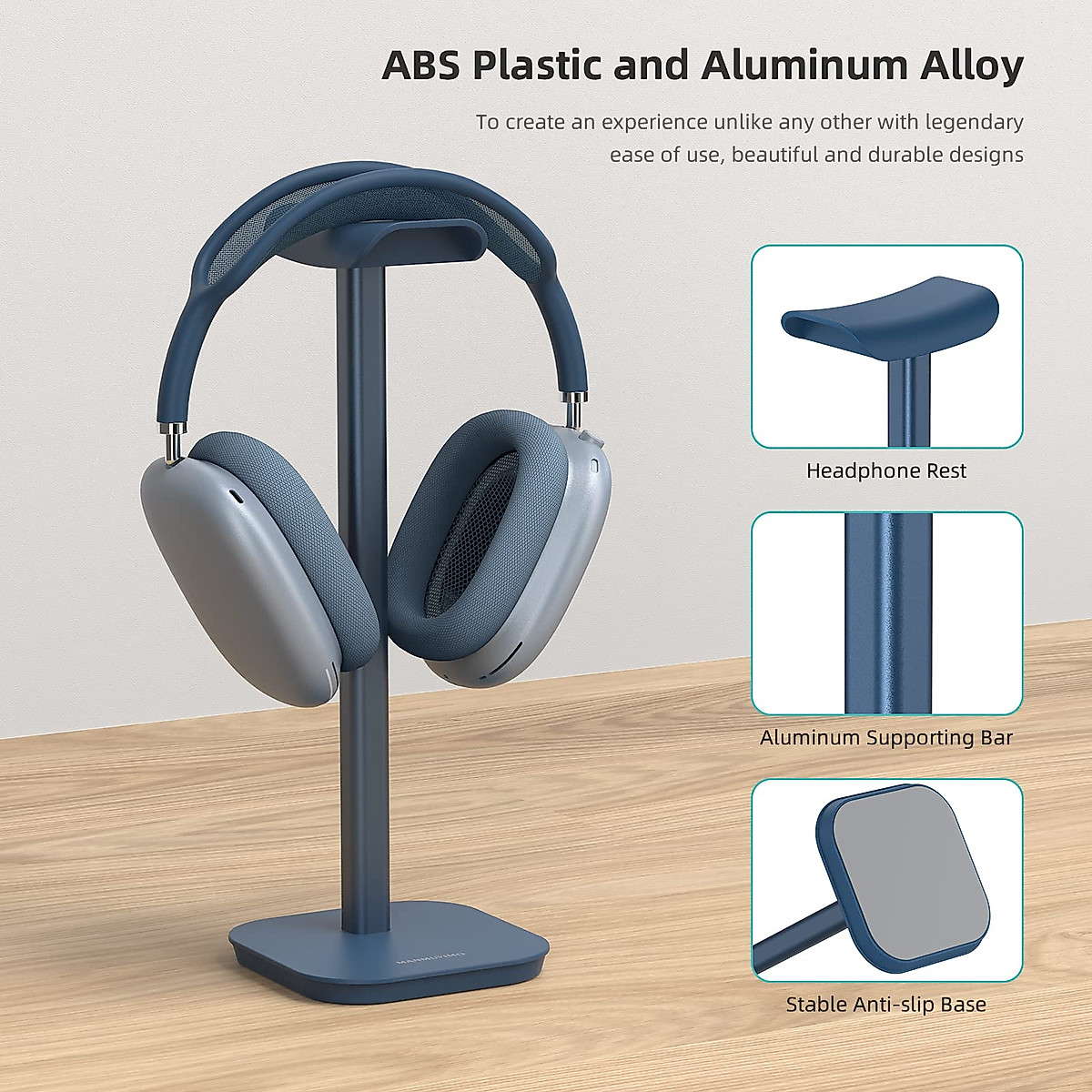 MANMUVIMO Headphone Stand, Desktop Headset Holder Heavy Base Desk Earphone Stand Aluminum Gaming Headset Hanger Rack for AirPods Max, AirPods, AirPods Pro, Sony, Beats, Bose, Razer and More(Blue)