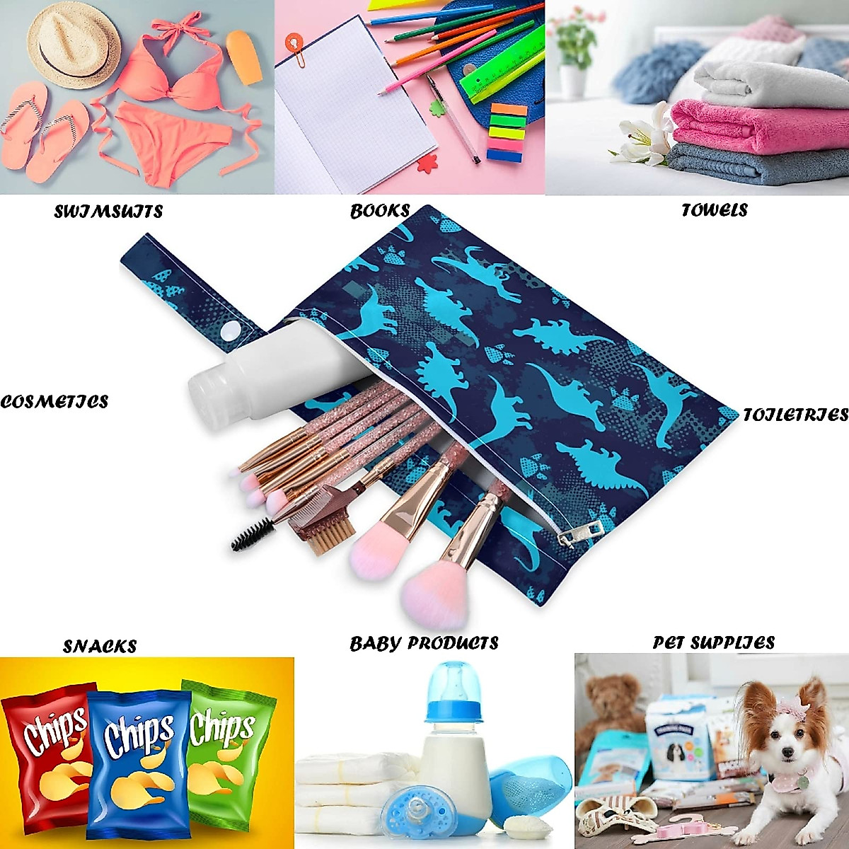 visesunny Blue Dinosaur Footprint 2Pcs Wet Bag with Zippered Pockets Washable Reusable Roomy for Travel,Beach,Pool,Daycare,Stroller,Diapers,Dirty Gym Clothes, Wet Swimsuits, Toiletries