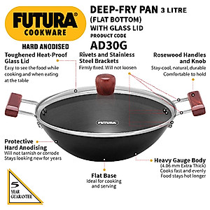 FUTURA Hawkins 3 Litre Deep Fry Pan with Glass Lid, Hard Anodised Kadai, Flat Bottom Kadhai, Black (AD30G)