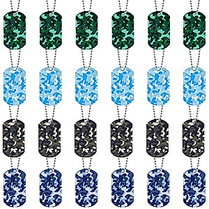 24 Pcs Camouflage Dog Tags Acrylic Army Dog Tags Camo Party Favors Army Birthday Favors Camo Necklace with Metal Beaded Chain for Kids Men Dogs Soldier Arm (Green, Blue, Khaki, Gray)