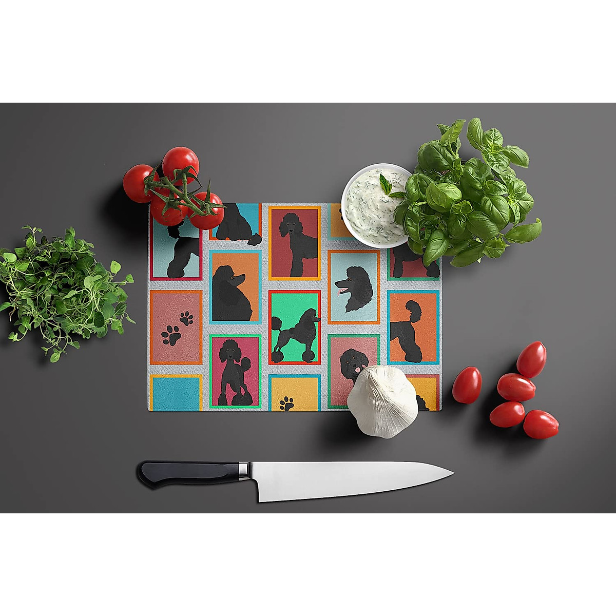Caroline's Treasures MLM1108LCB Lots of Black Standard Poodle Glass Cutting Board Large Decorative Tempered Glass Kitchen Cutting and Serving Board Large Size Chopping Board