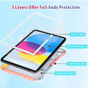 TopEsct Case for iPad 10th Generation 10.9 inch 2022, Built in Screen Protector & Pencil Holder, Shockproof Kids Case Cover for iPad 10 Gen Comes with Adjustable Shoulder Strap(Rainbow)