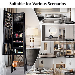 COSTWAY 12 LED Mirror Jewelry Cabinet, Freestanding Jewelry Storage Organizer w/Full Length Mirror, Large Capacity Jewelry Armoire w/Bottom Shelf, Mirror with Jewelry Storage for Women Girls (Black)