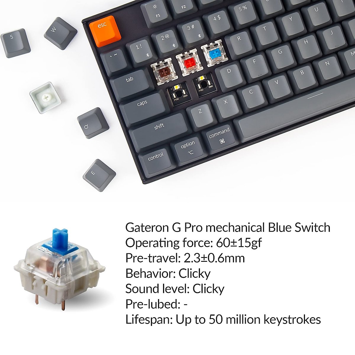 Keychron K8 Hot-swappable Wireless Bluetooth 5.1/Wired USB Mechanical Gaming Keyboard, Tenkeyless 87 Keys Computer Keyboard with Gateron G Pro Blue Switch RGB Backlight N-Key Rollover for Mac Windows