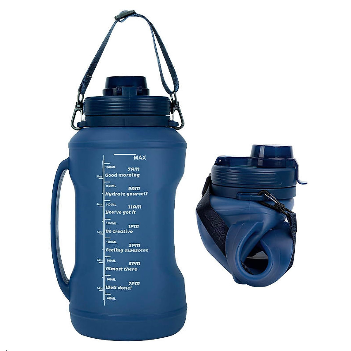 JP Concepts Water Bottle Fitness Collapsible, Folding 2 Liter Silicone BPA Free Space Saving Leakproof Built in Straw All Day Drinking Reminder with Motivation