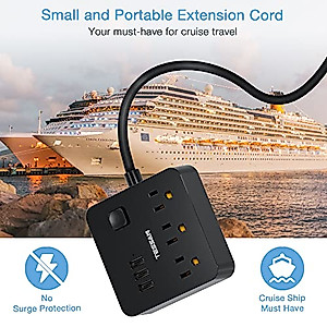 Power Strip with 3 USB 3 Outlet, Desktop Charging Station 5 ft Flat Plug Extension Cord, Small and Portable for Cruise Ship, Office, School, Black
