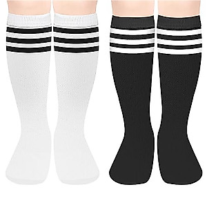 Gotneto Kids Soccer Socks Toddler Knee High Socks Cotton Boys Soccer Socks Stripes Knee High Tube Socks Uniform Sports Socks for Boys Girls Cute Kids Stockings White Black & Black White One Size