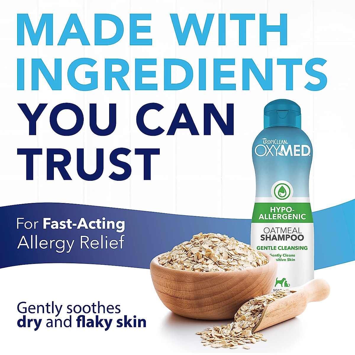 TropiClean OxyMed Hypoallergenic Dog Shampoo for Allergies and Itching, Skin Soothing Shampoo for Pets with Sensitive Skin, Tearless, Cat Safe, 20oz.