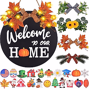 IDATOO Interchangeable Welcome Home Sign, Front Door Decor With 4 Seasonal Wreaths and 21 Changeable Icons, Rustic Wood Wall Porch Hanger for Holiday Halloween Christmas(Black)