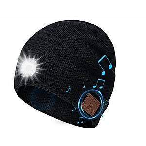 TOUCH TWO Beanie Bluetooth Hat with LED Light Wireless Musical Knitted Cap with Headphone Stereo Speakers & Mic for Running Hiking Jogging Black
