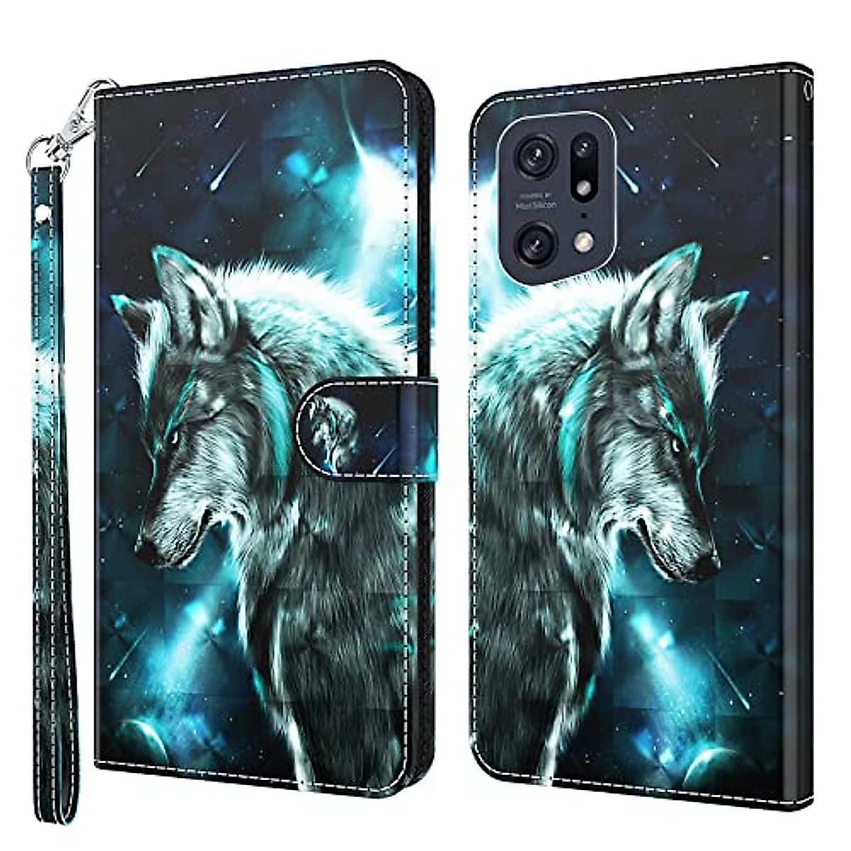 ALILANG Phone Case for Oppo Find X5 Pro Case, Premium Flip Magnetic Closure Stand Function Card Holder PU Leather Cover for Oppo Find X5 Pro Wallet Case-Wolf