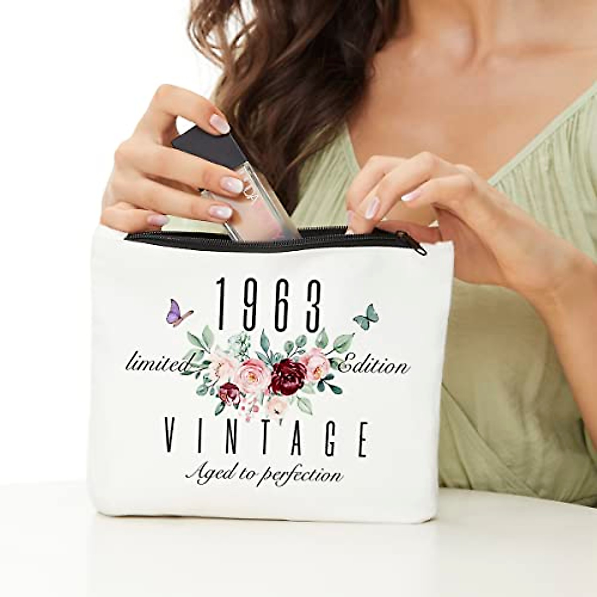 JIUWEIHU 60th Birthday Gifts for Women, 60th Birthday Decorations Present, 60 Year Old Birthday Gift Ideas for Sisters, Friend, Coworker, Grandma, Mom, Boss – 1963 Limited Edition Makeup Bag