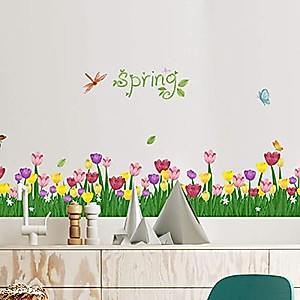 Spring Tulip Wall Decals Flower Grass Wall Stickers Removable DIY Peel and Stick Art Murals for Classroom Bedroom Girls Room Living Room Hallway Kitchen Bathroom Home Decor (Tulip)