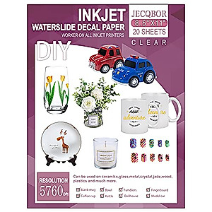 20 Sheets Waterslide Decal Paper INKJET CLEAR,8.5X11 Inch Water Slide Transfer Paper Transparent Printable for Tumblers,Ceramics,Plastics,Glasses,DIY