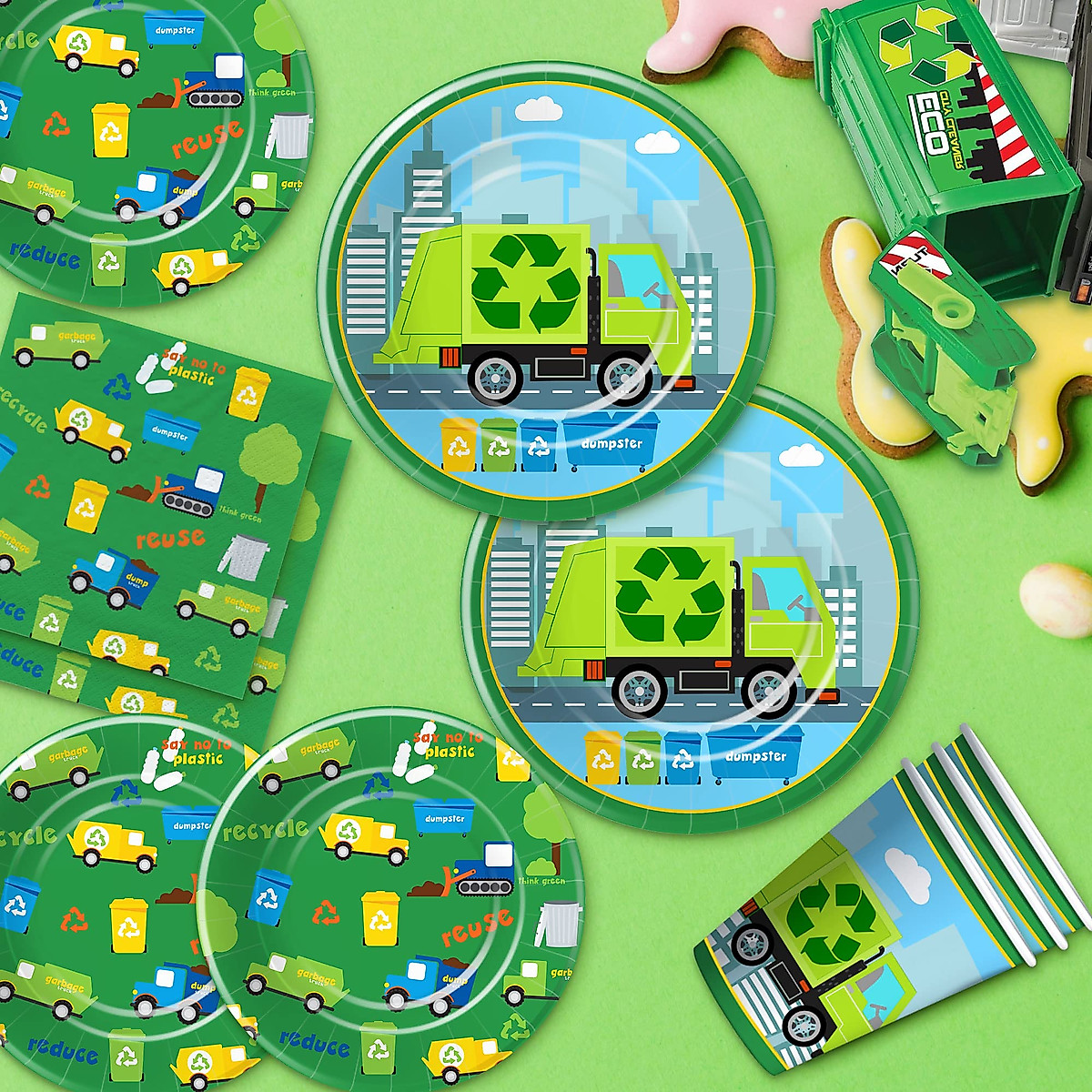 Xigejob Garbage Theme Trash Truck Birthday Party Supplies, Garbage Truck Party Decorations Dinnerware, Plate, Cup, Napkin, Waste Recycling Trash Truck Party Supplies For Birthday Baby Shower, Serve 24