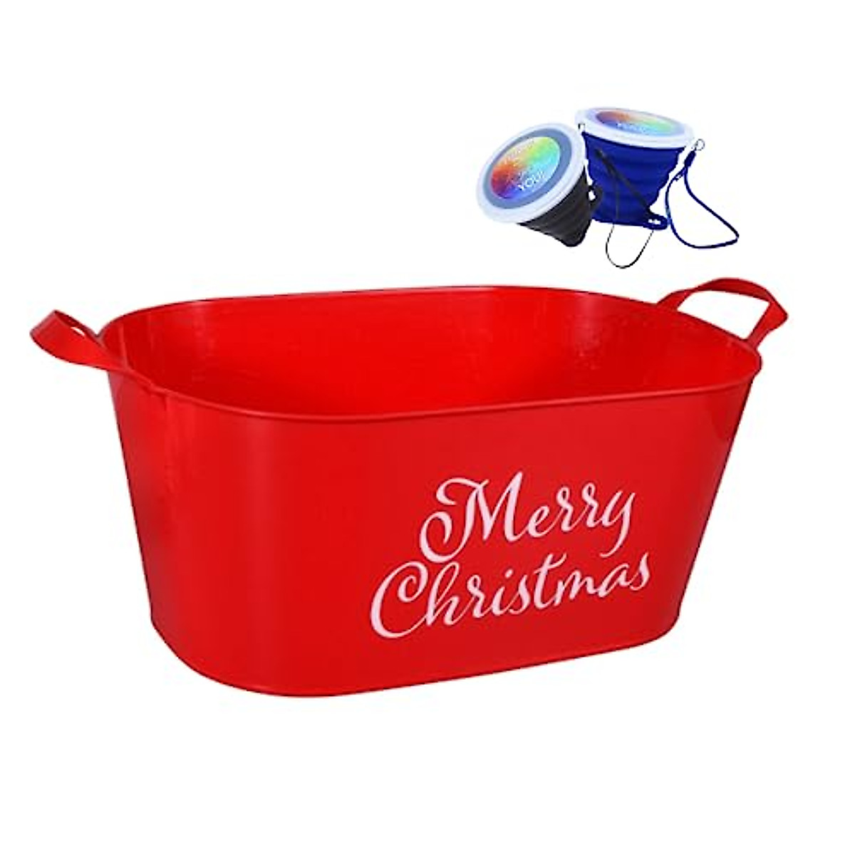 Ja'Cor Red Oval Bucket with Handle Sentiment Plastic Buckets Handles Gifts Gift Baskets Storage Organizer Containers Party Favor Xmas Holiday Decorations with 1-Collapsible Cup(Merry Christmas)
