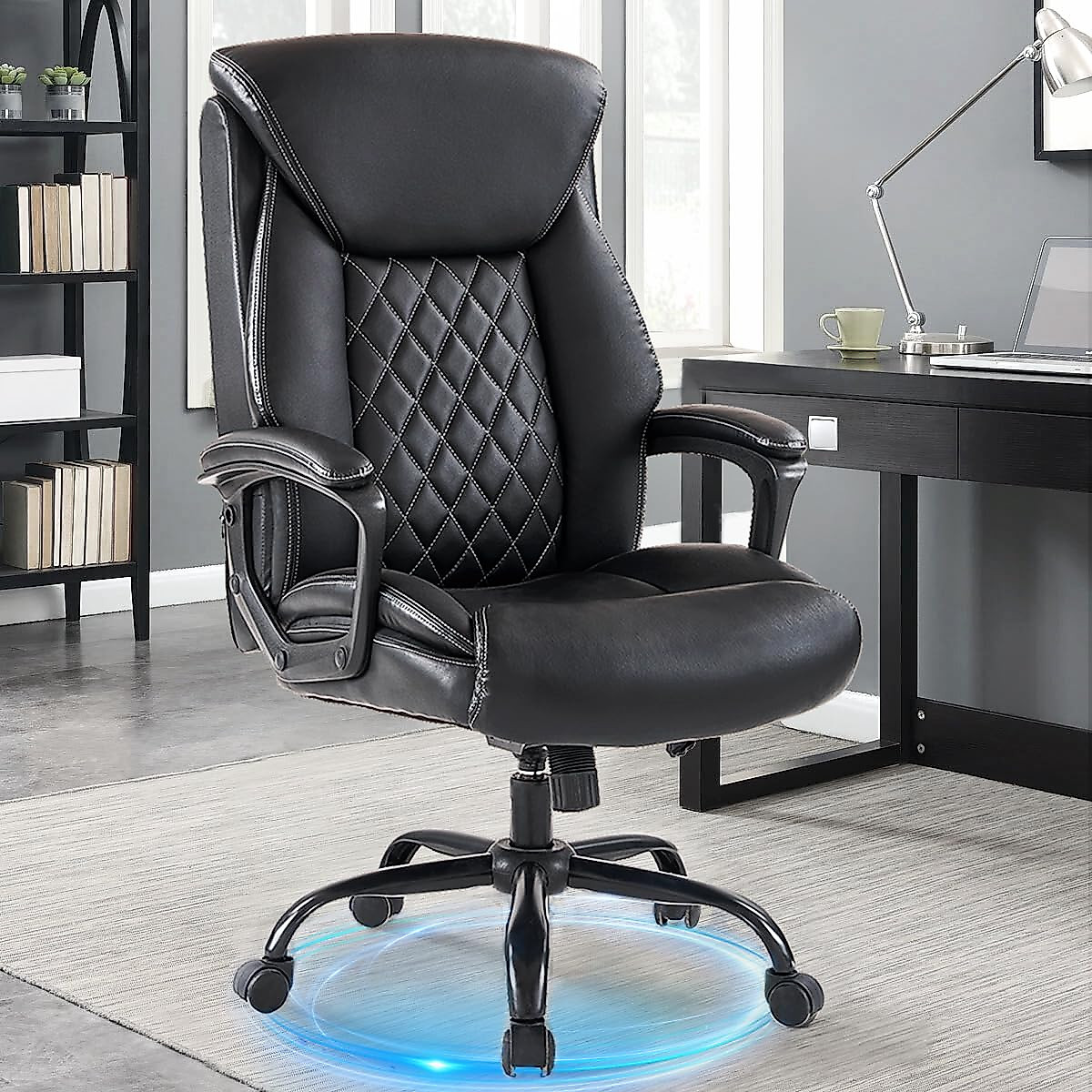 YEEFY High Back Executive Office Chair Ergonomic Desk Chair Rolling PU Leather Office Chair Heavy Duty Computer Chair Comfortable Home Office Desk Chairs with Wheels Arms Lumbar Support